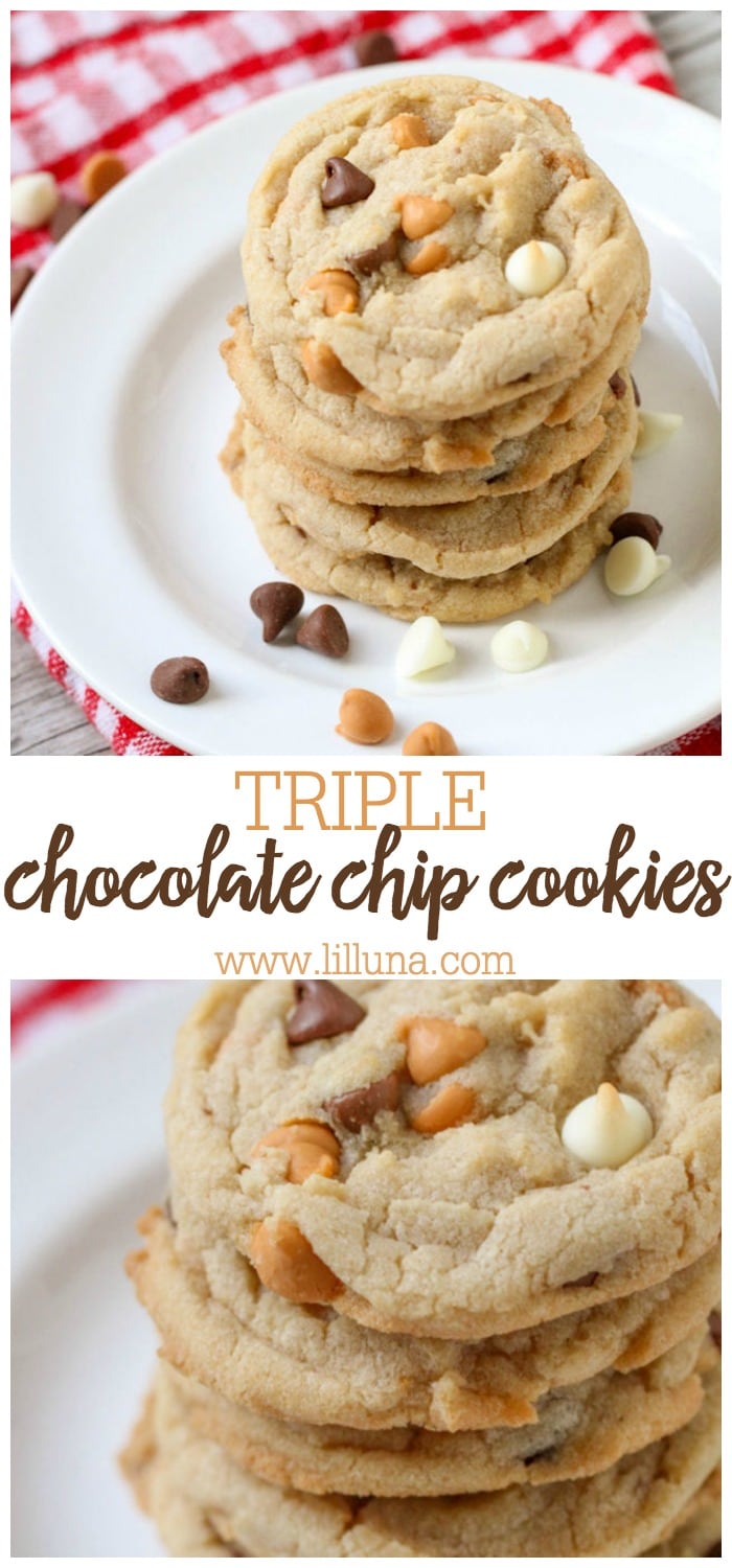 Triple Chocolate Chip Cookies {Milk, White & Butterscotch} | Lil' Luna