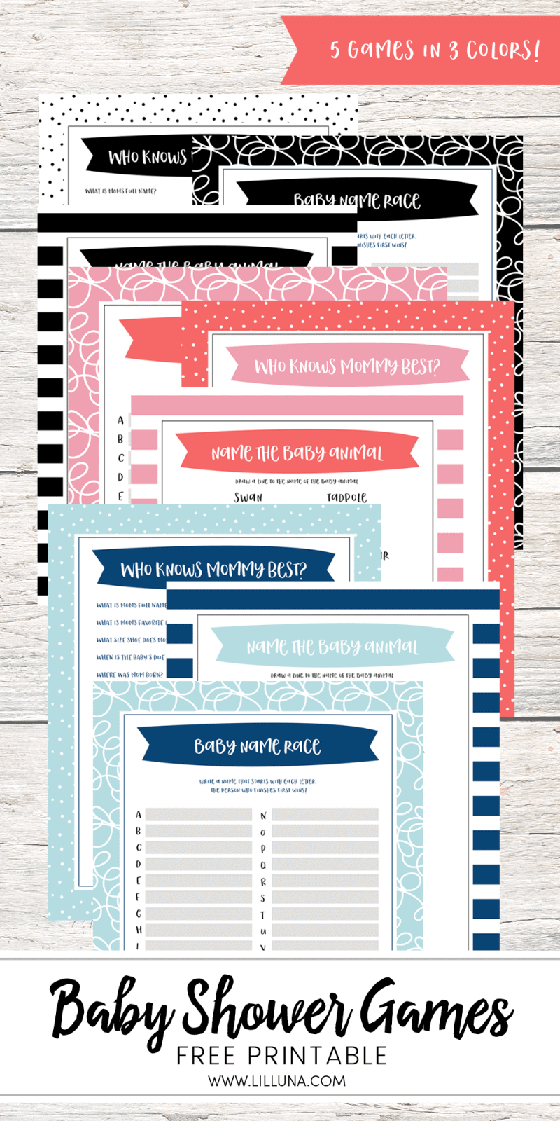 FREE Printable Baby Shower Games - 5 Games (in 3 Colors!) | Lil' Luna