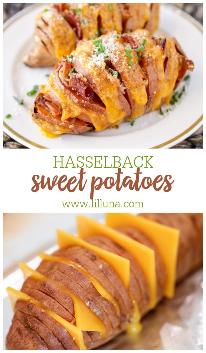 Hasselback Sweet Potatoes {Cheese + Bacon Stuffed} | Lil' Luna