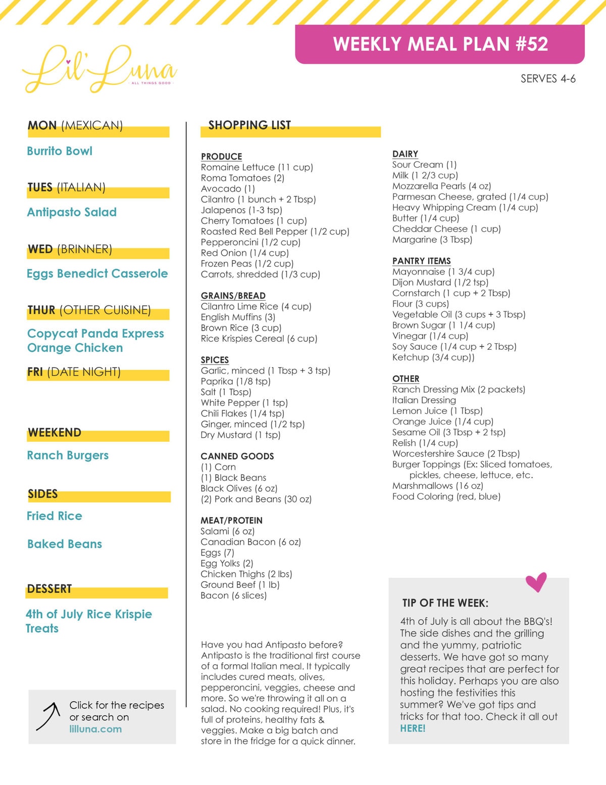 FREE Meal Plan #52 {With Printable Grocery List} | Lil' Luna